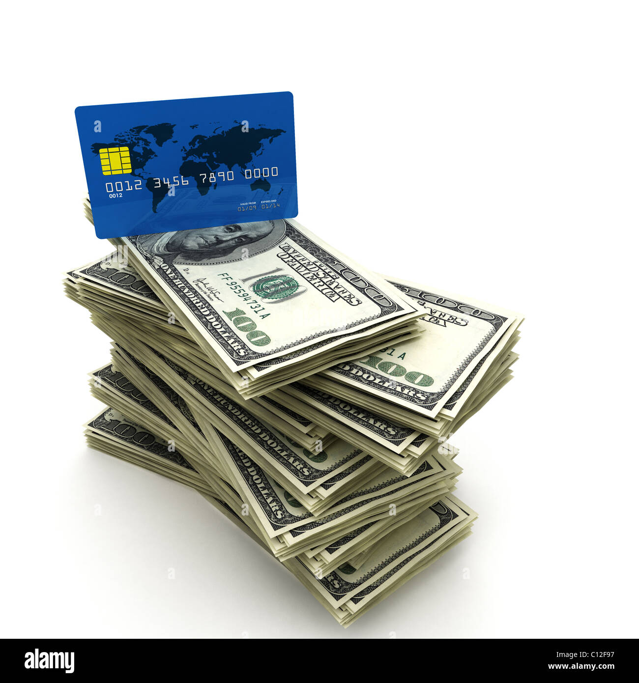 A credit card standing on a stack of $100 bill notes Stock Photo - Alamy