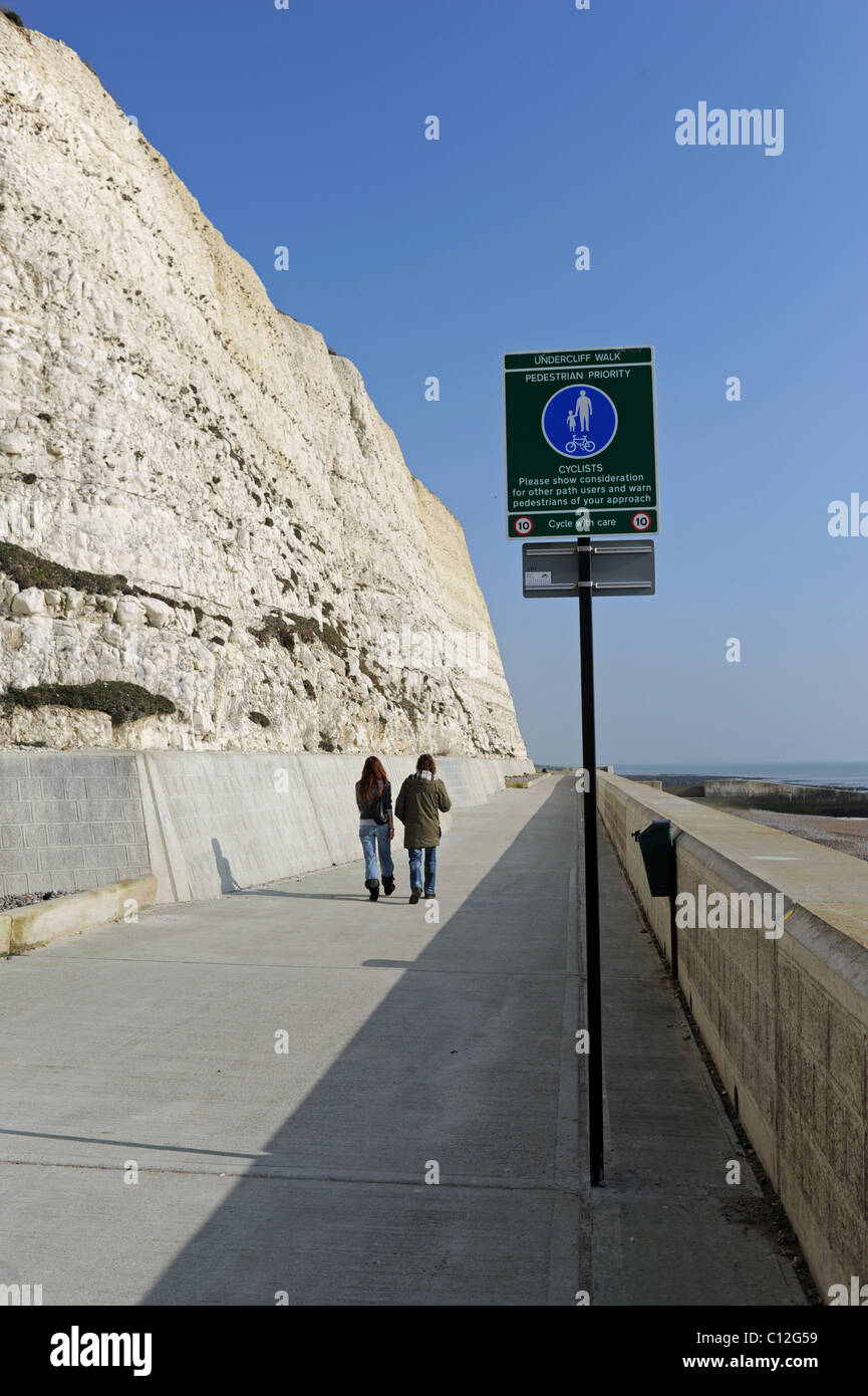 The Undercliff Walk at Ovingdean near Brighton with sign warning ...