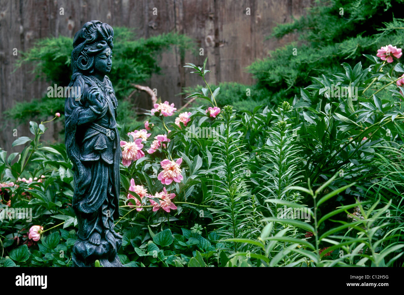 Asian cast iron statue brings grace to a back yard garden softened by ...