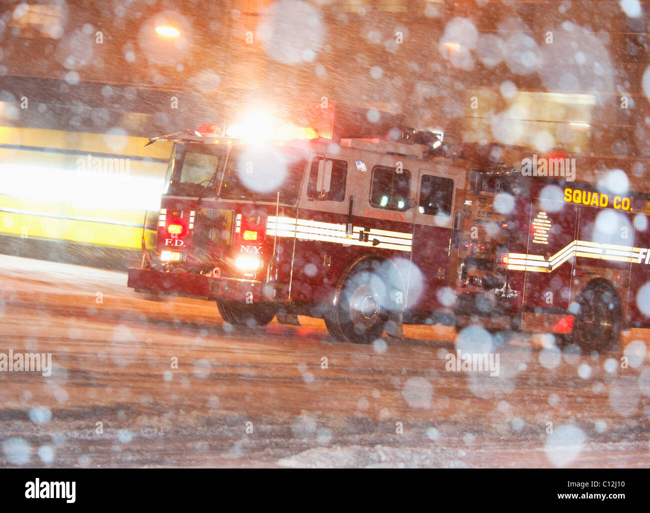 USA, New York City, Fire engine in blizzard Stock Photo - Alamy