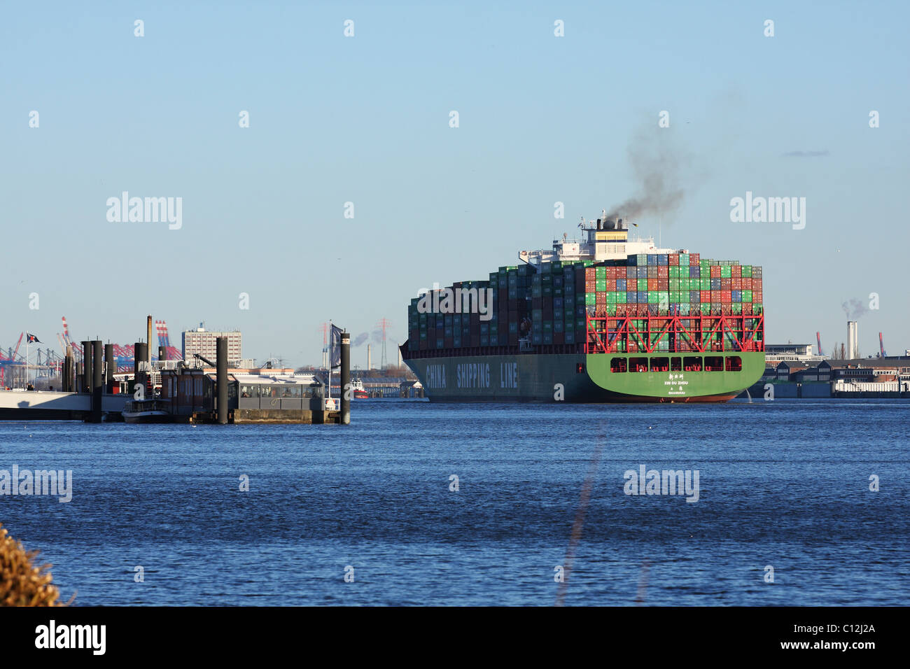 Shot of a China Shipping Line container ship heading towards Hamburg ...