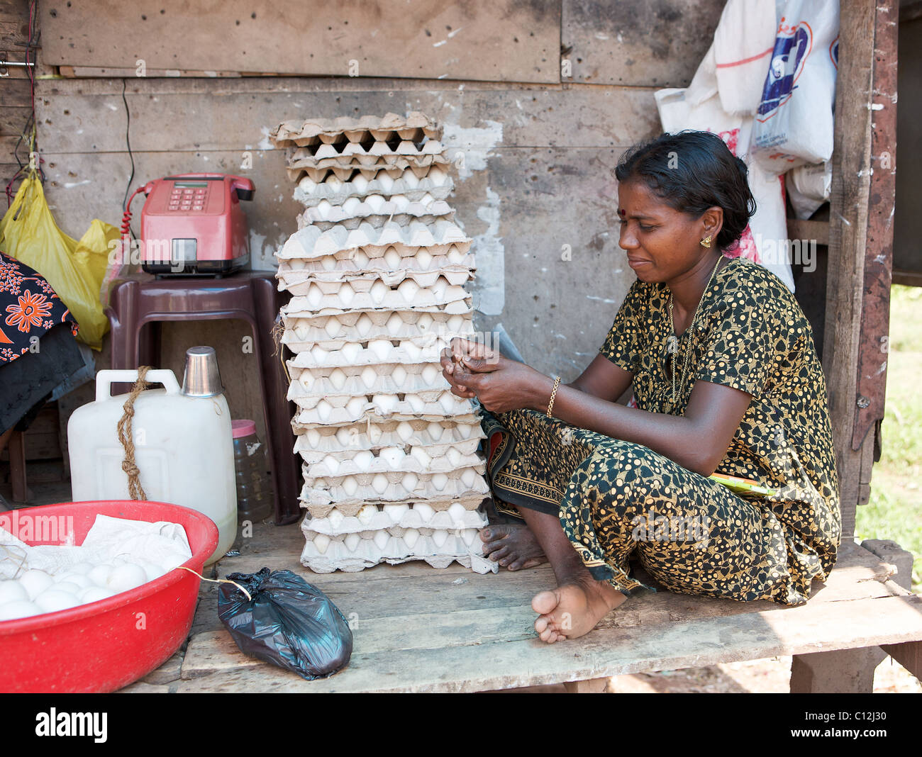 Keralite woman sells fresh eggs at a roadside kiosk, Kerala, India ...