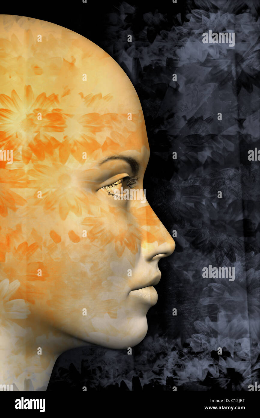 Female profile and abstract floral pattern. 3d illustration Stock Photo ...