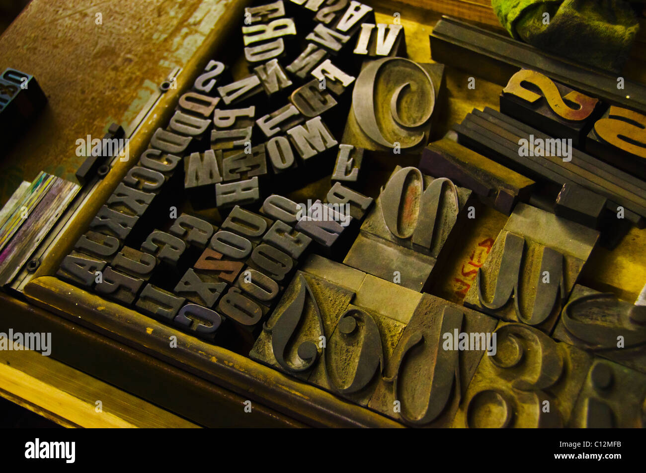United Kingdom, Bristol, close up of fonts from antique printing press ...