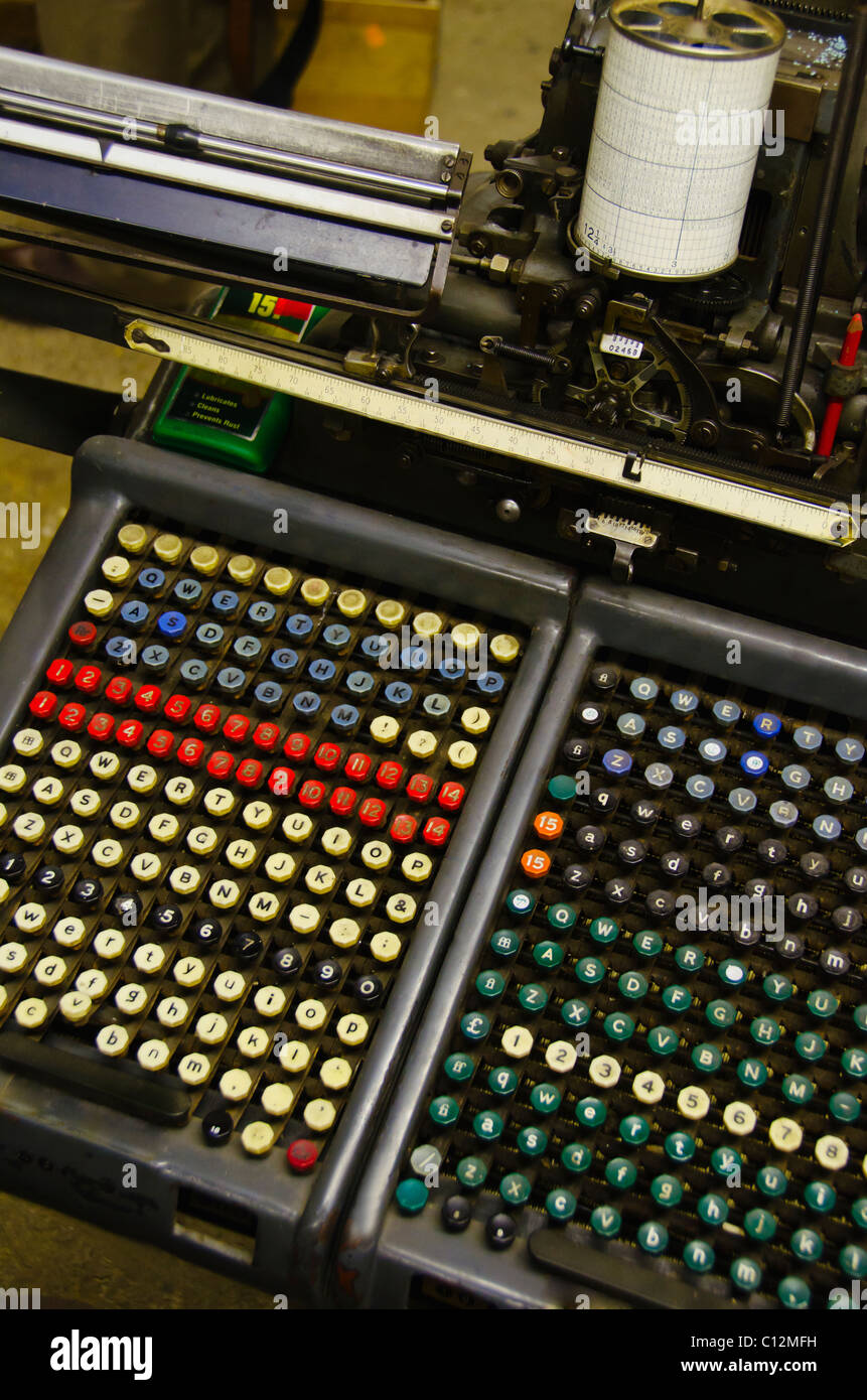 United Kingdom, Bristol, close up of push buttons from printing press ...