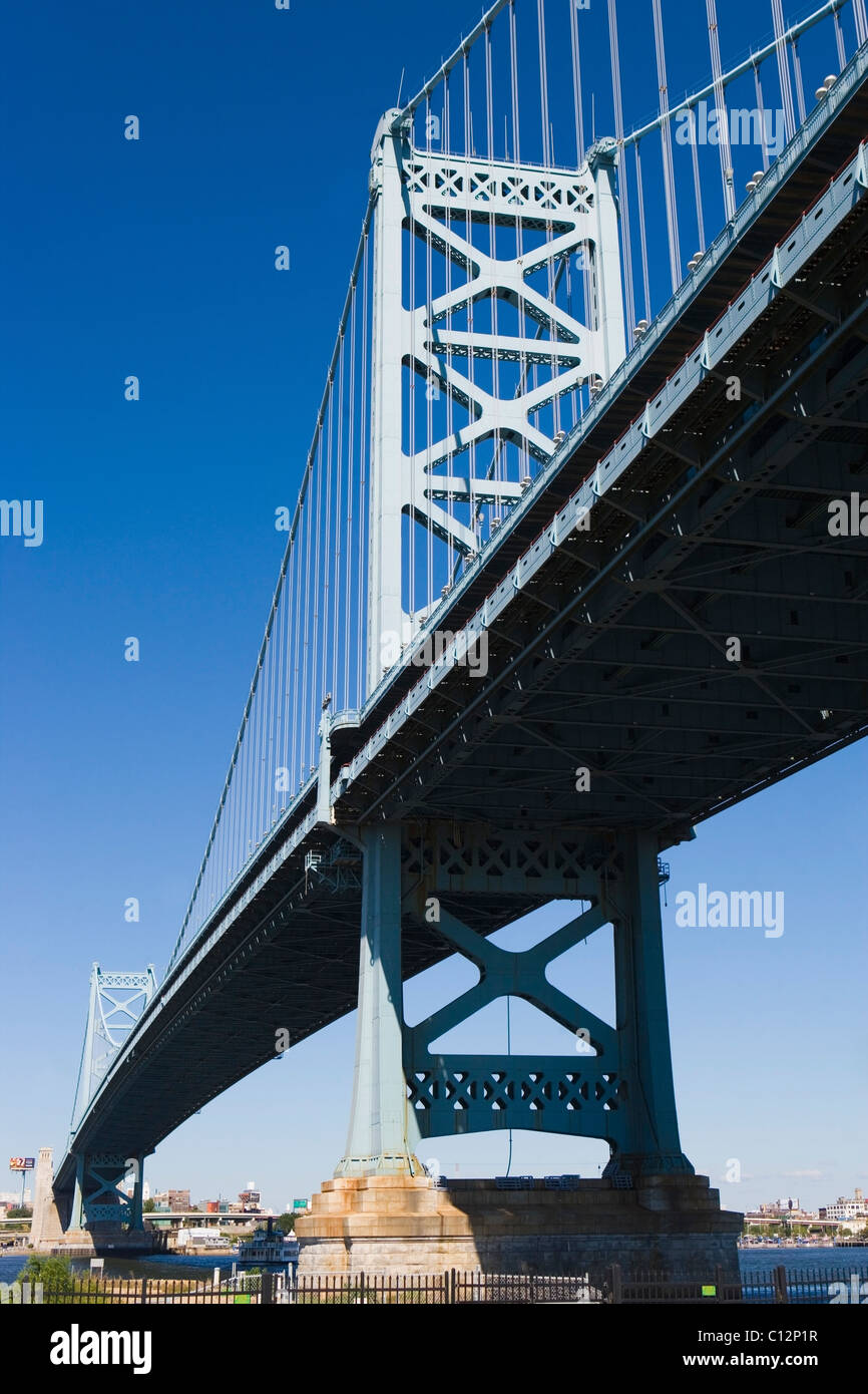 USA, Pennsylvania, Philadelphia, Suspension bridge, low angle view ...