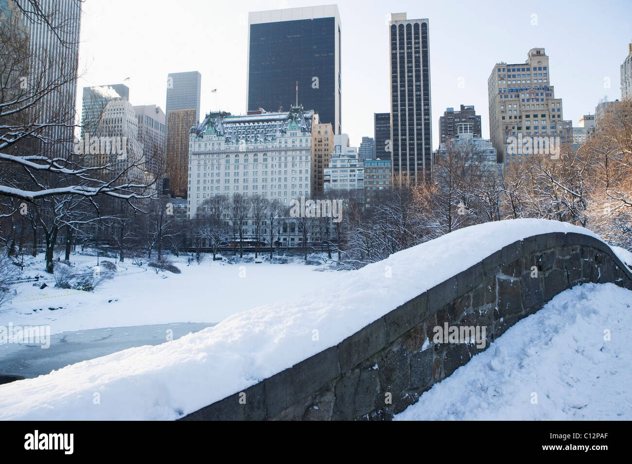 USA, New York City, View of Central Park in winter with Manhattan ...