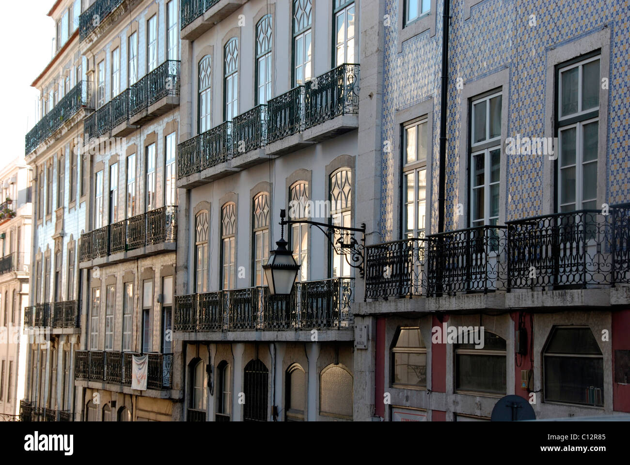 Lisbon exteriors with window balconies Stock Photo - Alamy