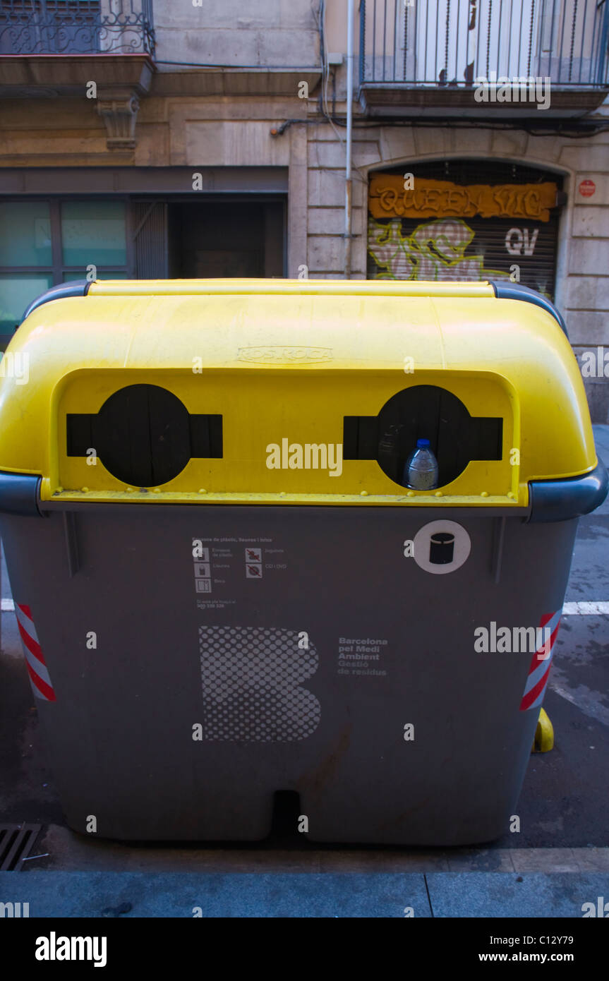 Recycling bin for plastic bottles Carrer Nou de la Rambla street El ...