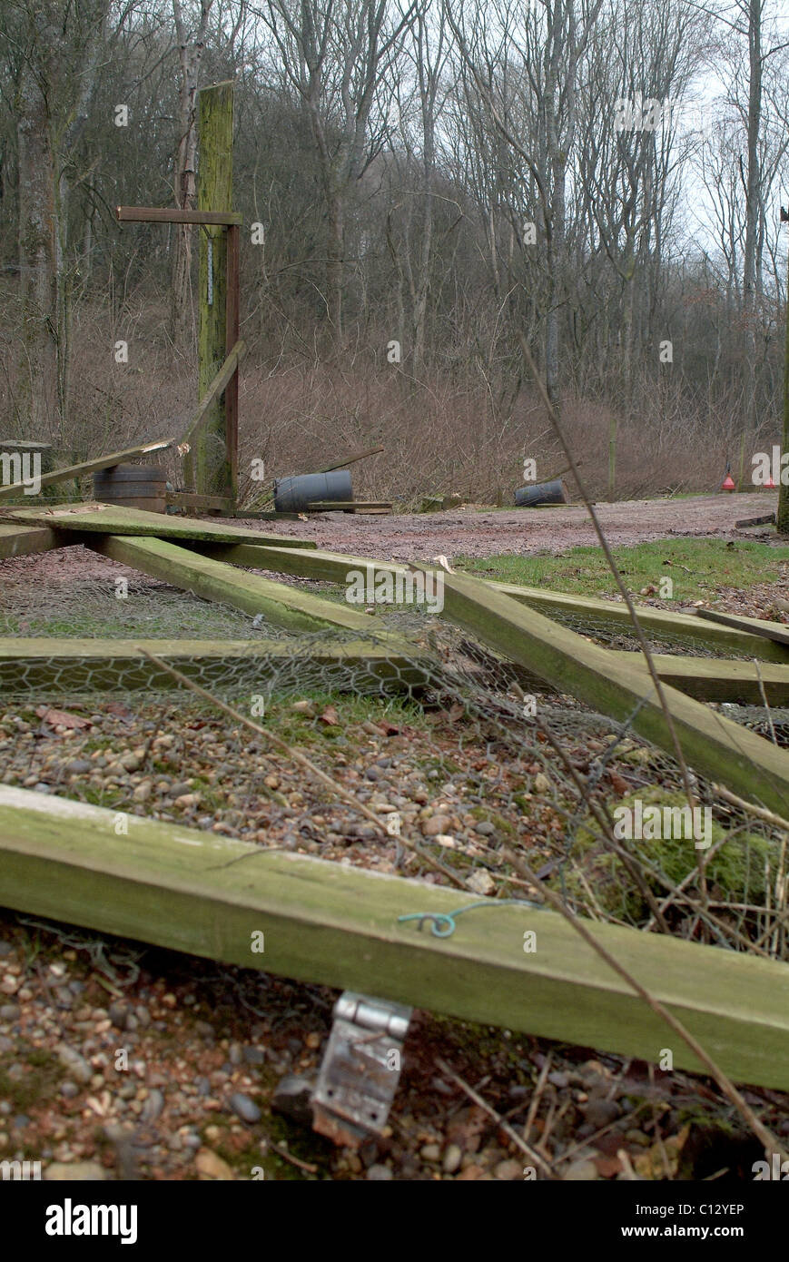 Damage done to a pheassant pen by poachers Stock Photo - Alamy