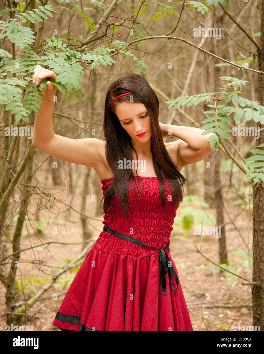 young woman in red dress in a forest Stock Photo - Alamy