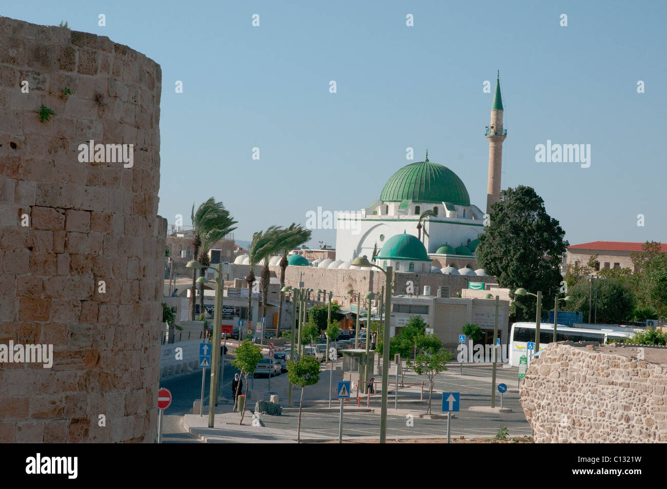 Israel, Acre, Ahmed Al Jazzar mosque as seen from the walls around the ...