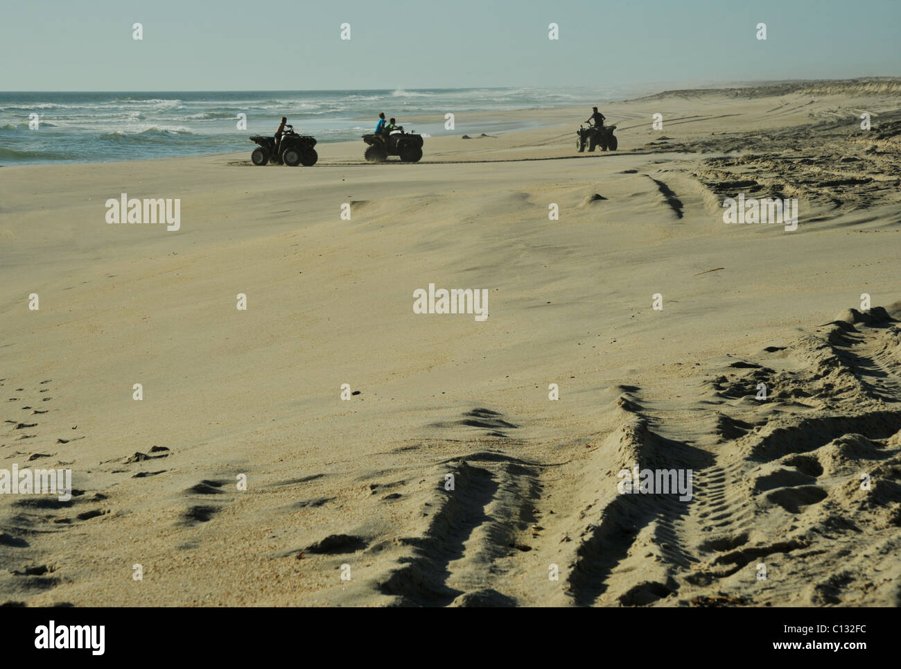 Scene of people riding ATV quad bikes on beach near Henties bay Namibia ...