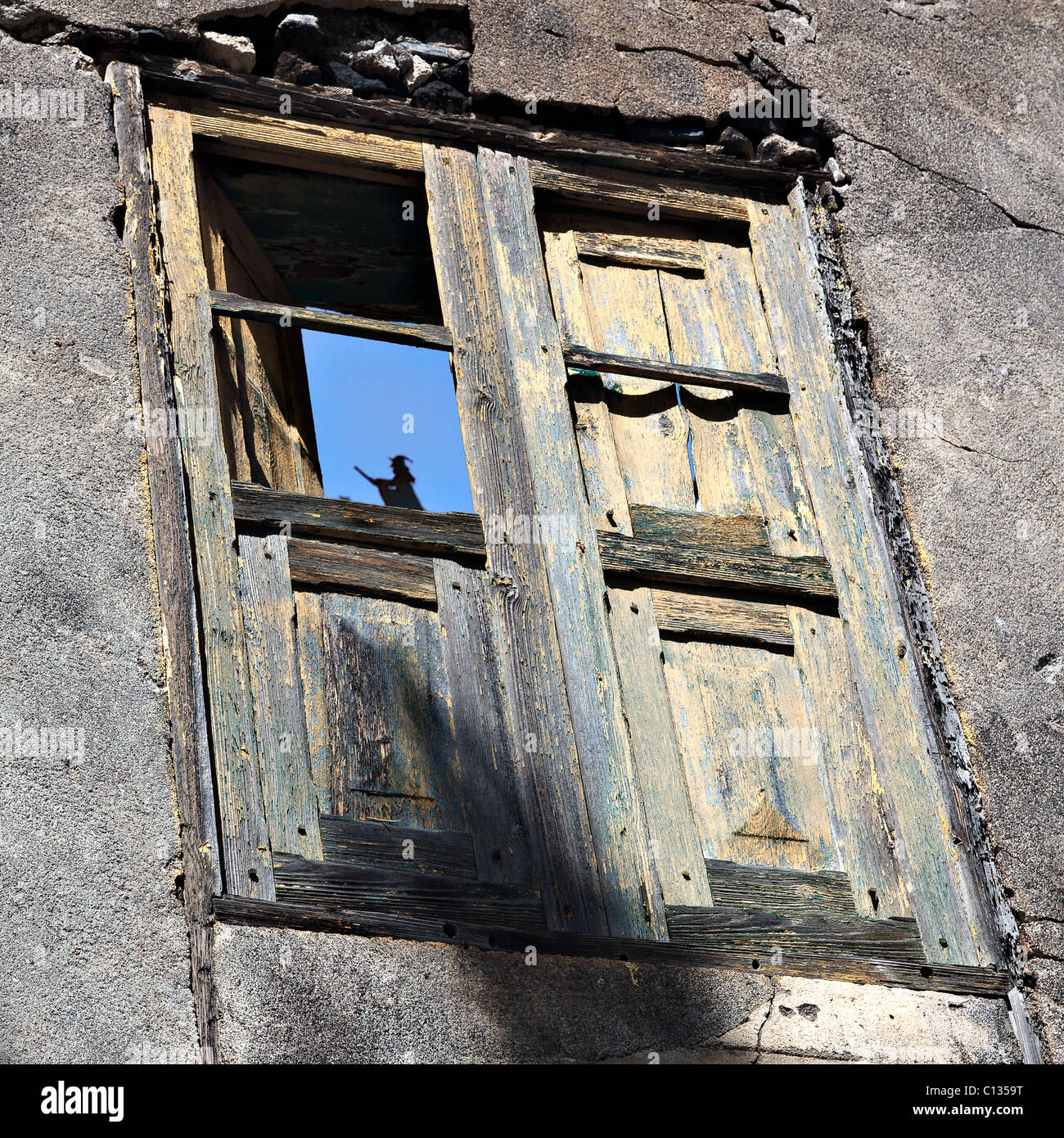 Witch flying on broomstick viewd through derelict window Stock Photo ...