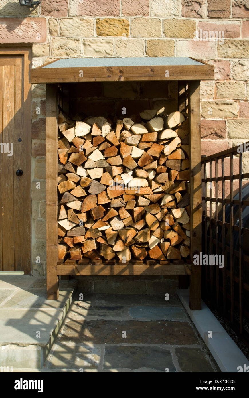 Stacked wood pile in log store Stock Photo - Alamy