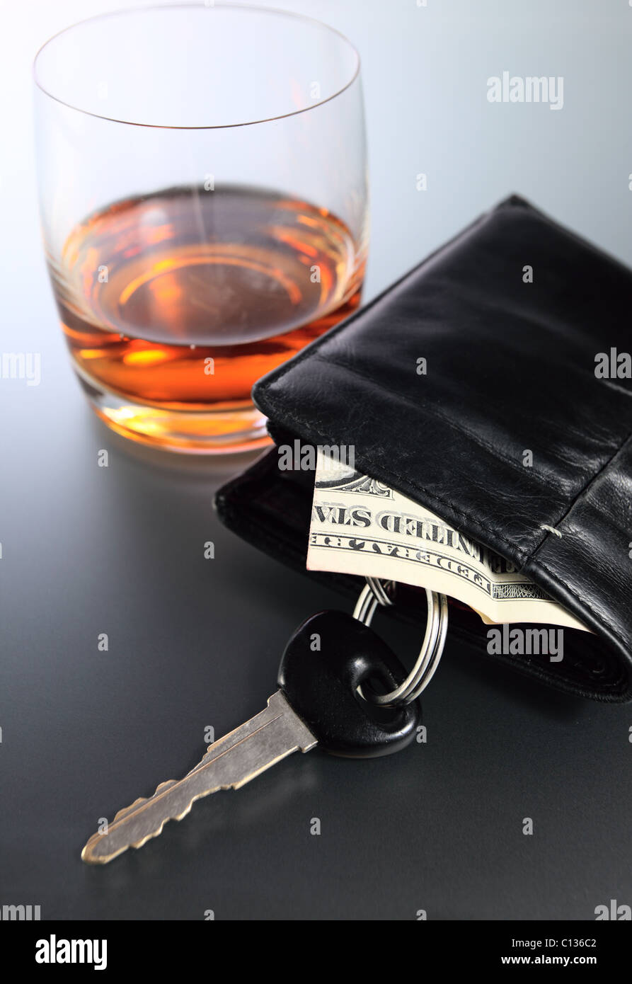 Whisky,money and key from car Stock Photo - Alamy