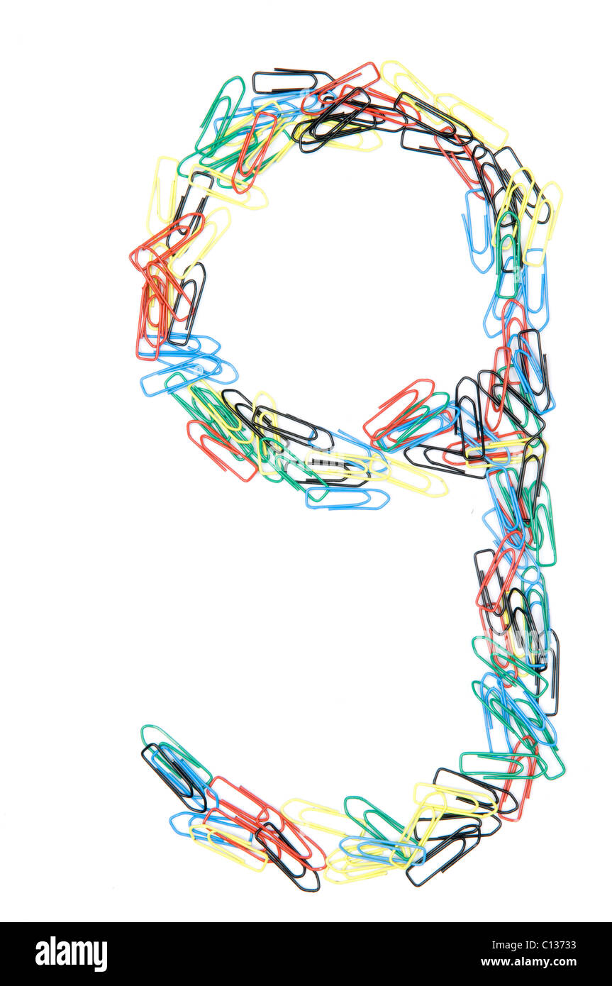 Number 9 formed with colorful paperclips Stock Photo - Alamy