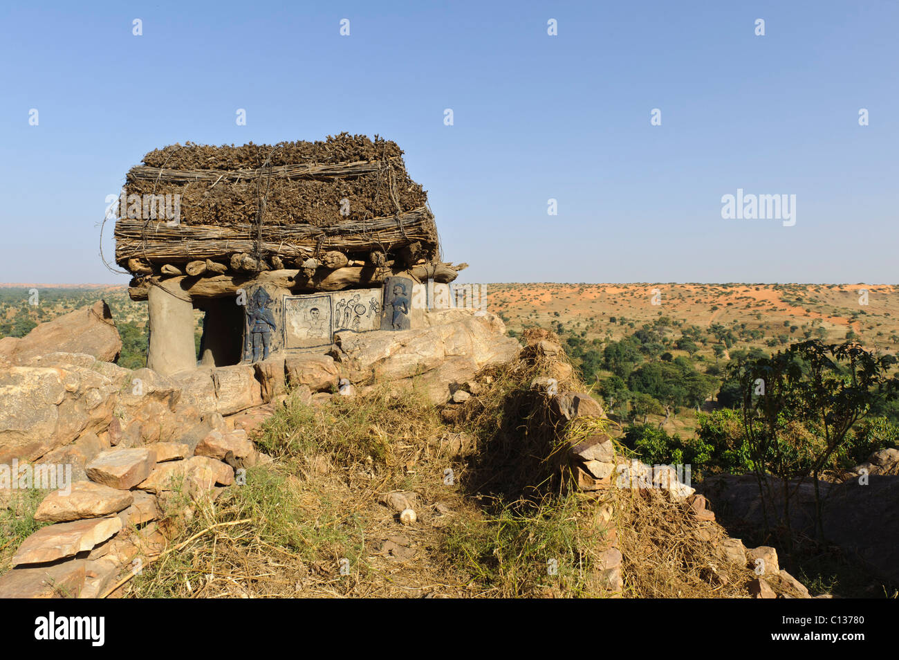 Togu Na in Amani village. Gondo Plain on background. Pays Dogon, Mali ...