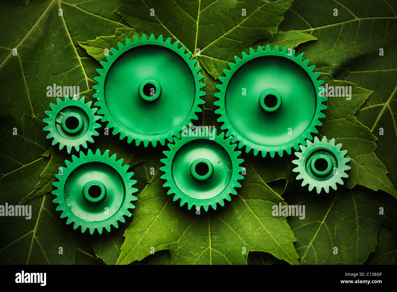 Green cogs connecting on leaves Stock Photo - Alamy