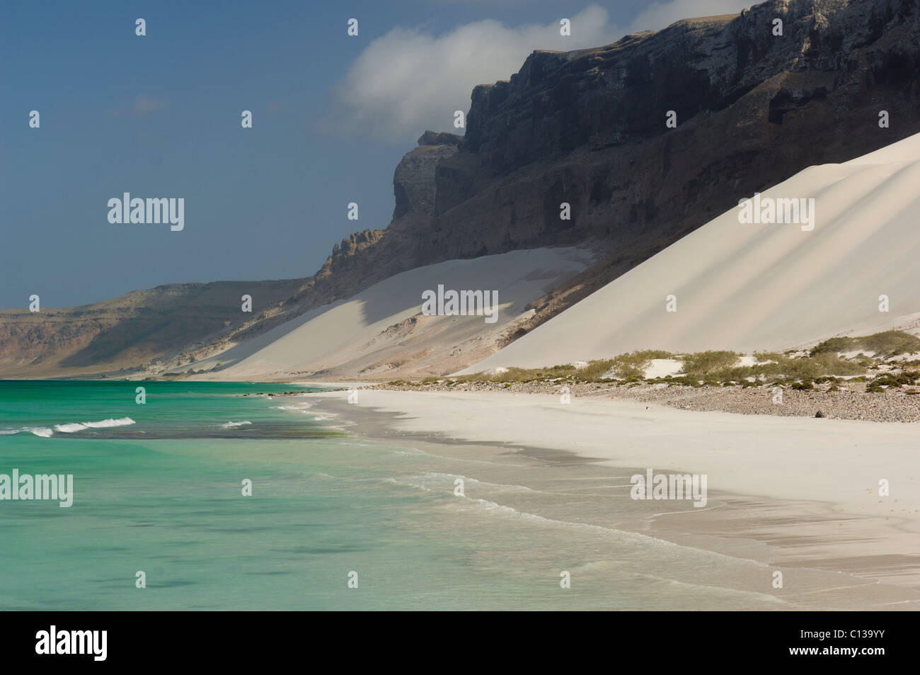 Turquoise sea in front of sand dunes and soaring cliffs, Erher Beach ...