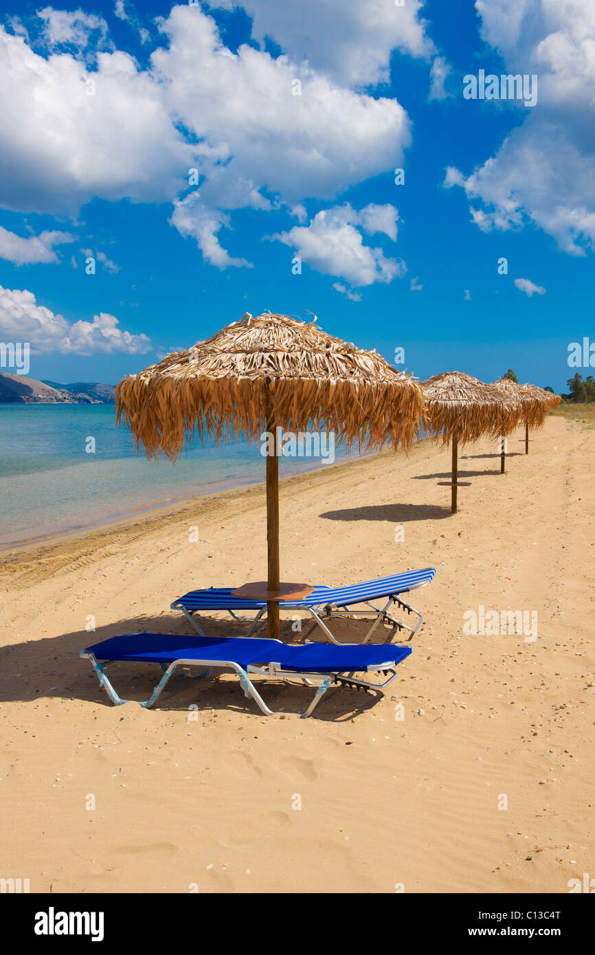 Beach & sunbeds on Agrostoli Bay near Lixouri, Kefalonia, Ionian ...