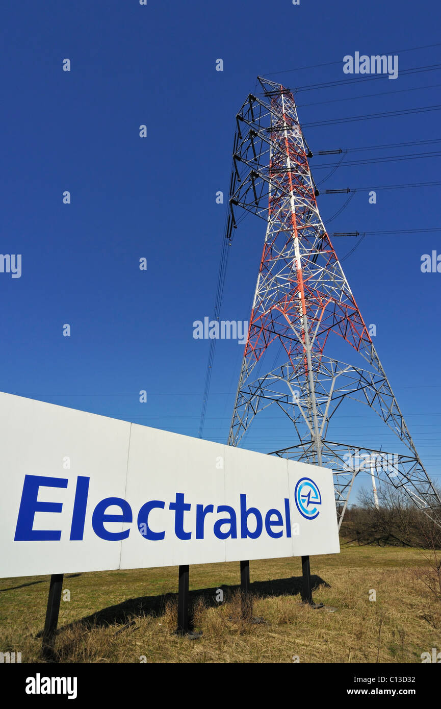 Electricity high-tension pylon and sign with logo of energy corporation ...