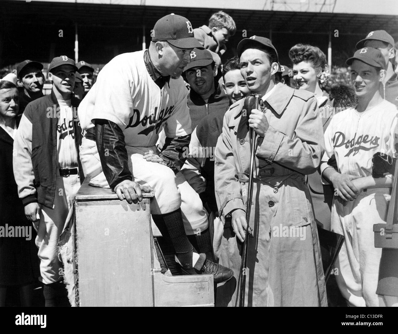 Frank Sinatra sings at a Brooklyn Dodgers game that is a benefit for ...