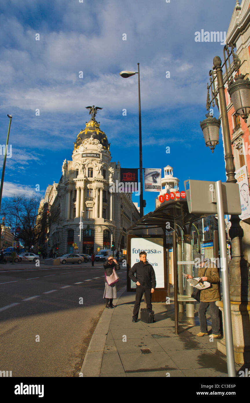Bus stop along Calle de Alcala street central Madrid Spain Europe Stock ...