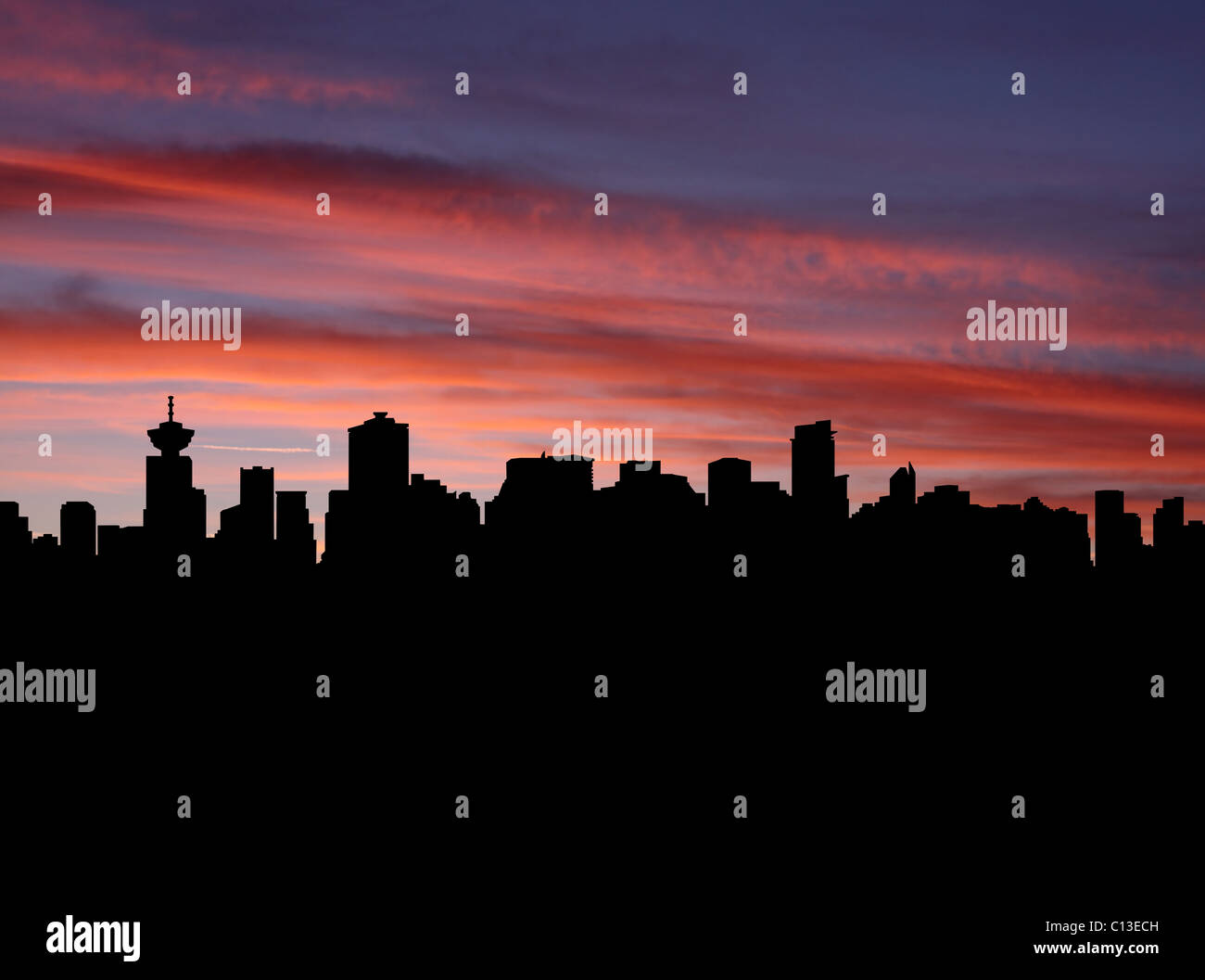 Vancouver skyline at sunset with beautiful sky illustration Stock Photo ...