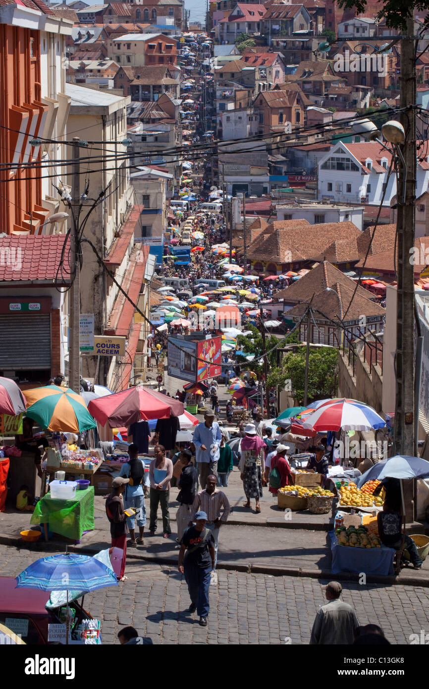 Antananarivo, or Tana. Capital city of Madagascar. View of a busy Zoma ...