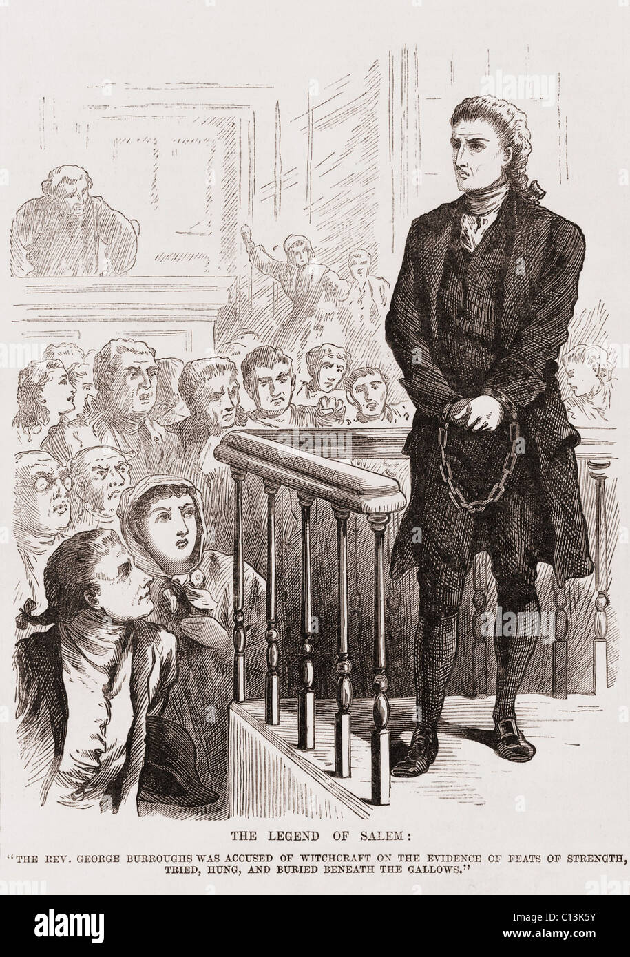 Salem Witch Trials. Puritan Rev. George Burroughs in chains during his ...