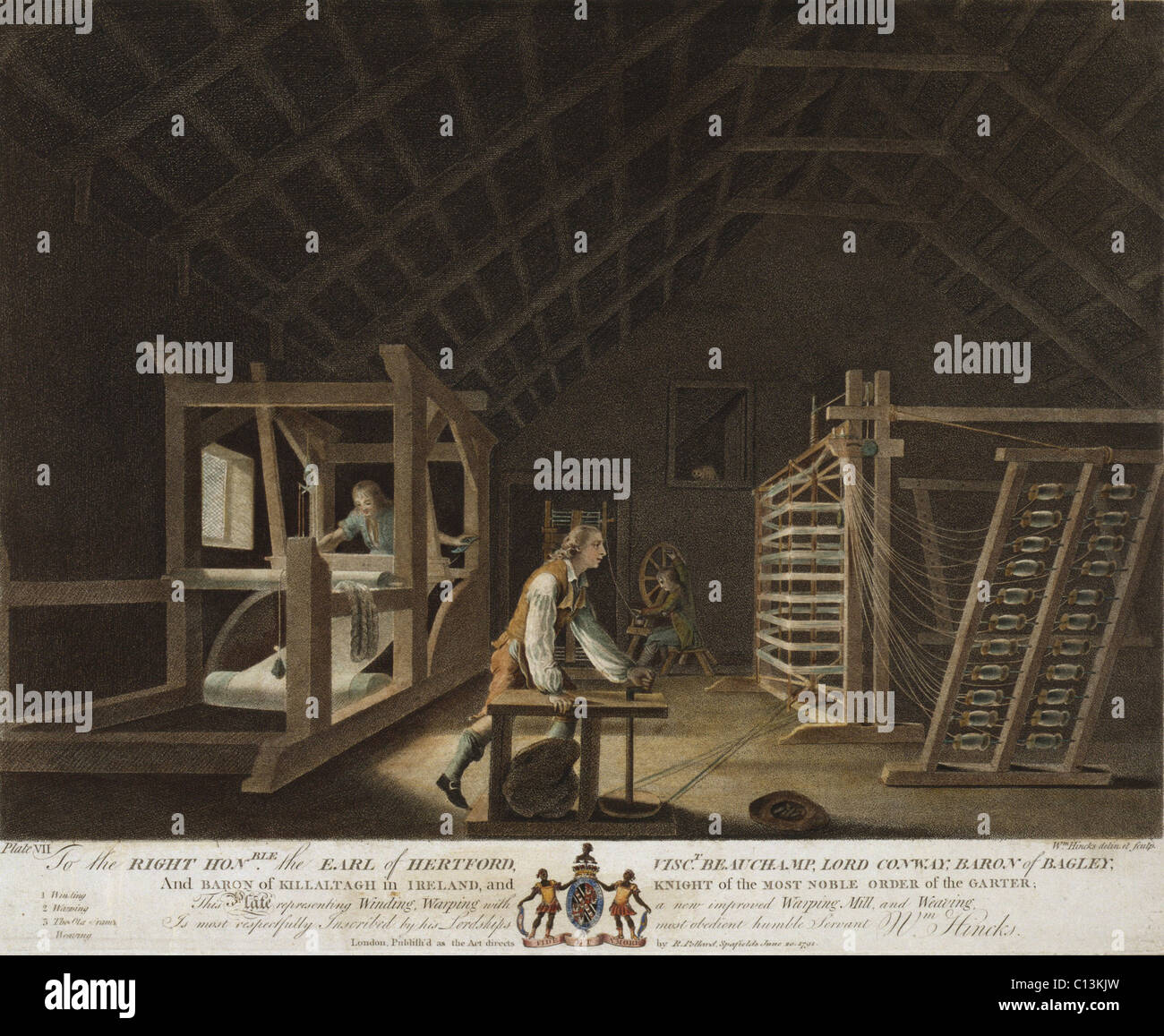Irish Linen manufacture, 1781. Interior view of a mill where three men ...
