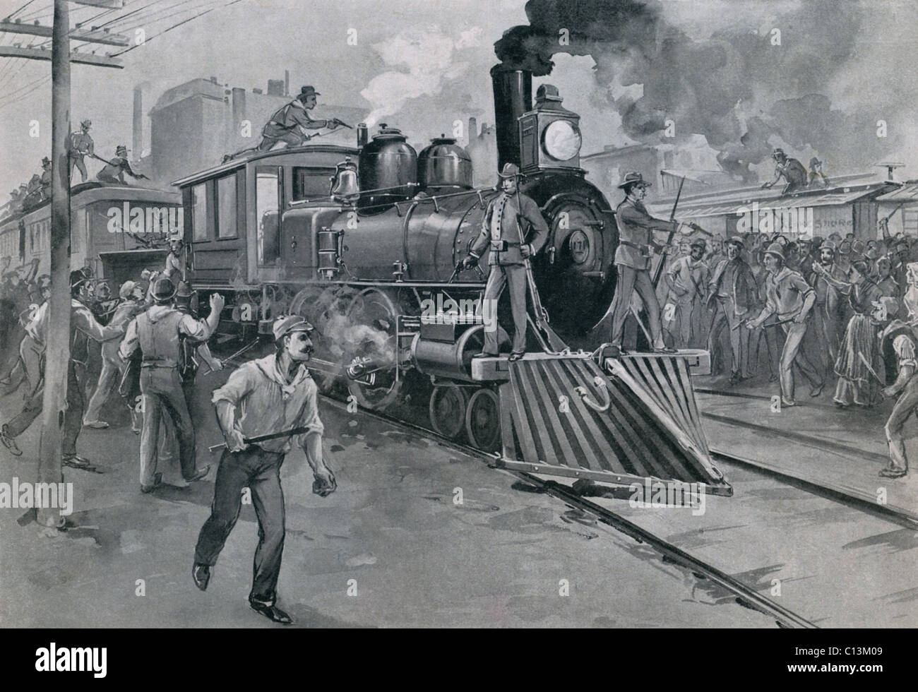Federal troops guard a train against strikers during the Pullman Strike ...