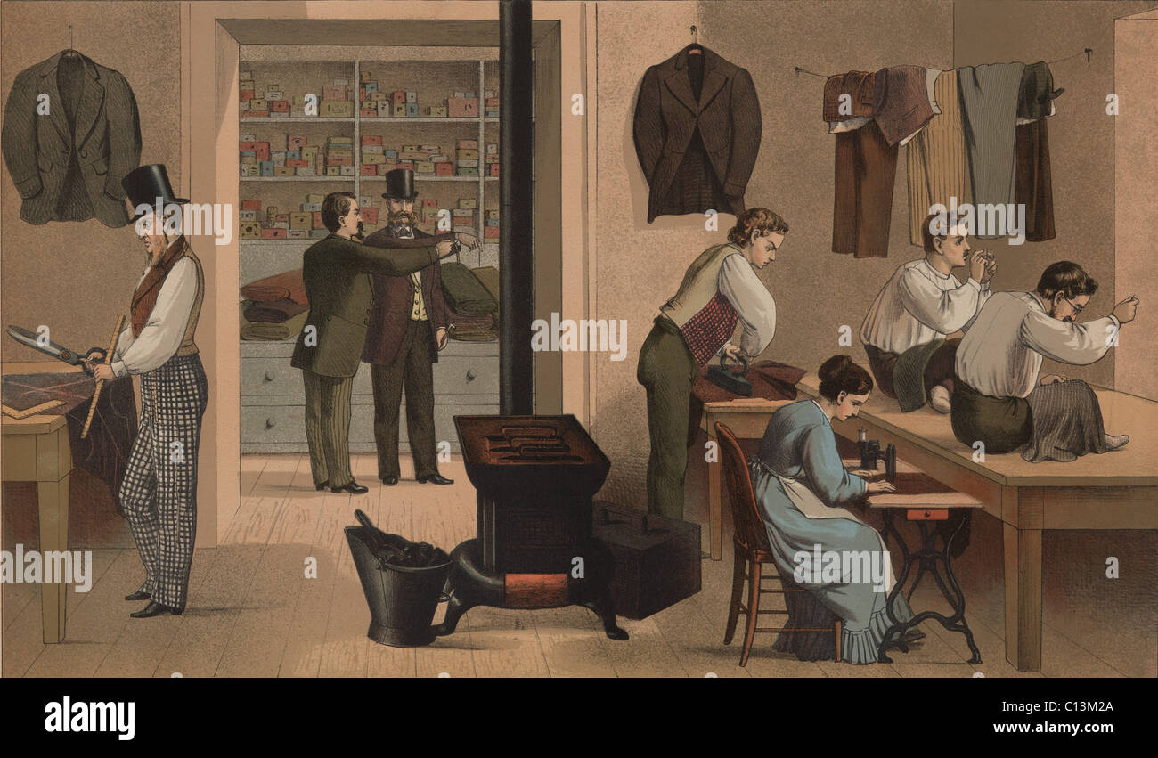 Men and a woman working in a tailor shop, where each garment was custom ...