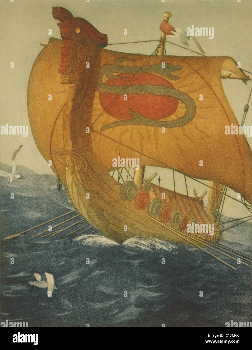 THE DRAGON SHIP. Viking ship at sea. Etching by John Taylor Arms 1922 ...