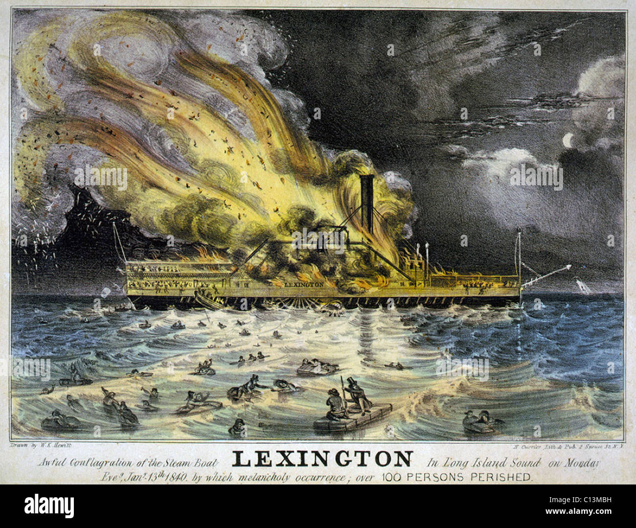 Disastrous fire on steam boat Lexington in Long Island Sound on January ...