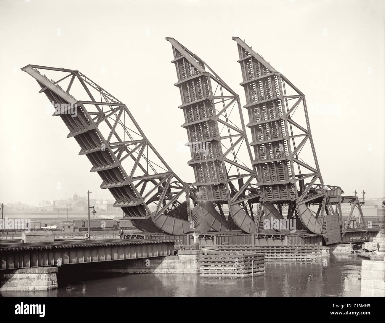 Raised Tower Bridges at Fort Point Channel Boston. The draw-bridge ...