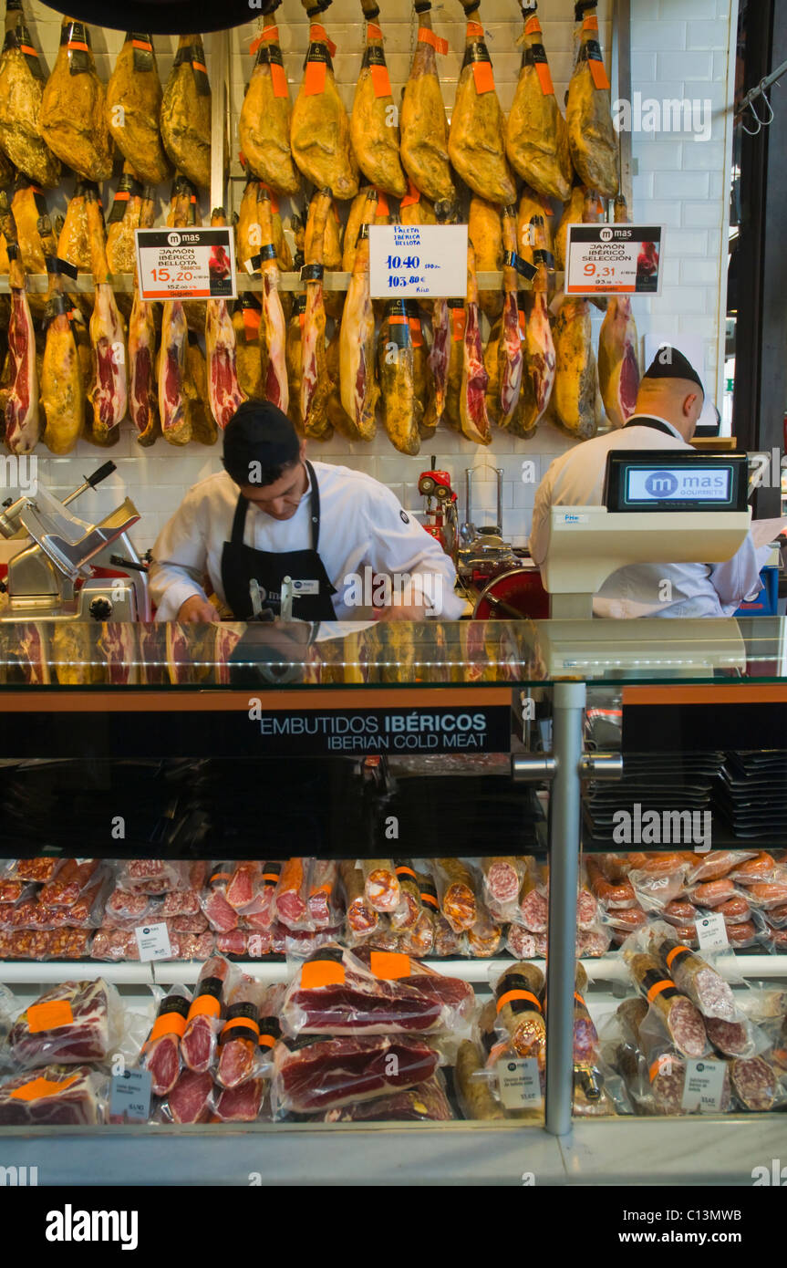 Butcher's shop inside San Miguel market hall La Latina district central ...