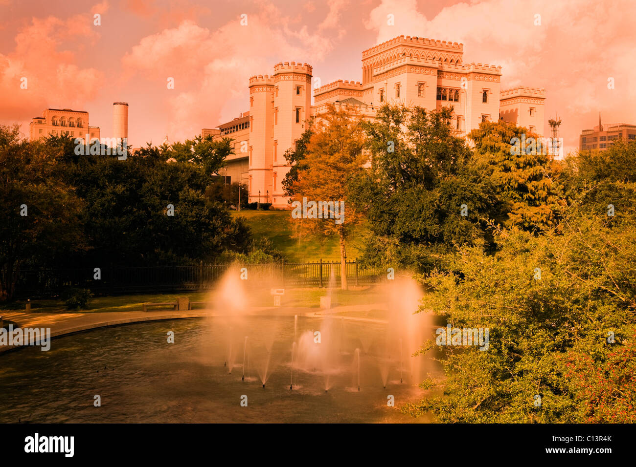 USA, Louisiana, Baton Rouge, Old State Capitol with fountain Stock ...