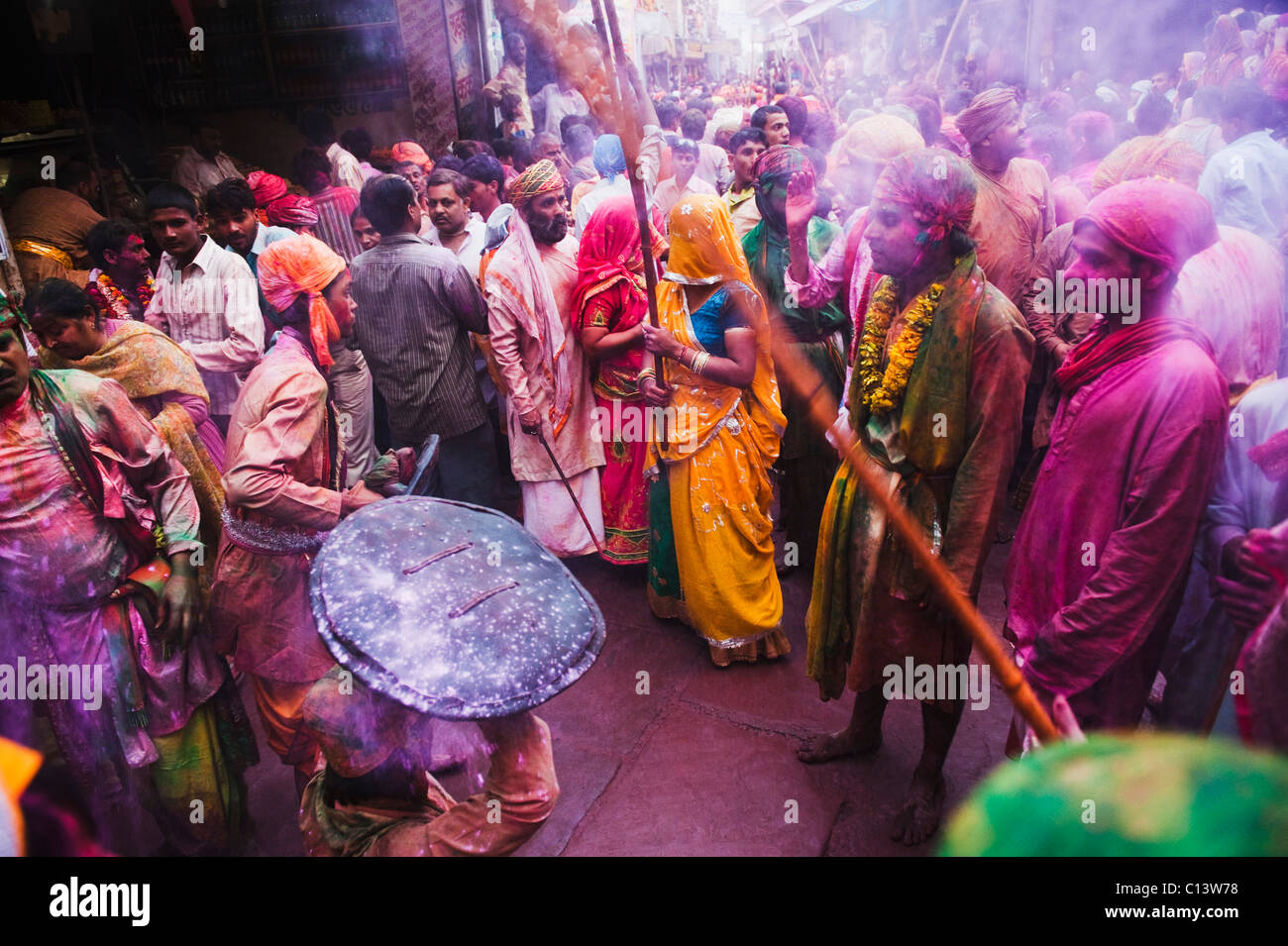 People celebrating 'Lath Maar Holi' festival, Barsana, Uttar Pradesh ...