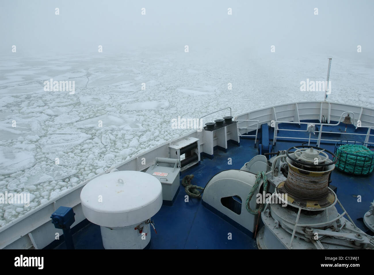 ferry Ship on fogy frozen sea Stock Photo - Alamy