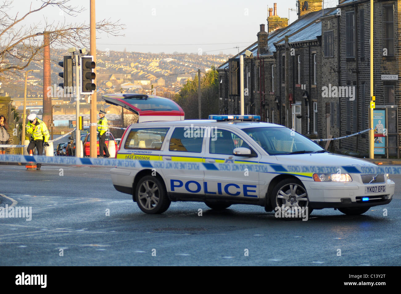 Accident Police blocking main road after accident Stock Photo - Alamy