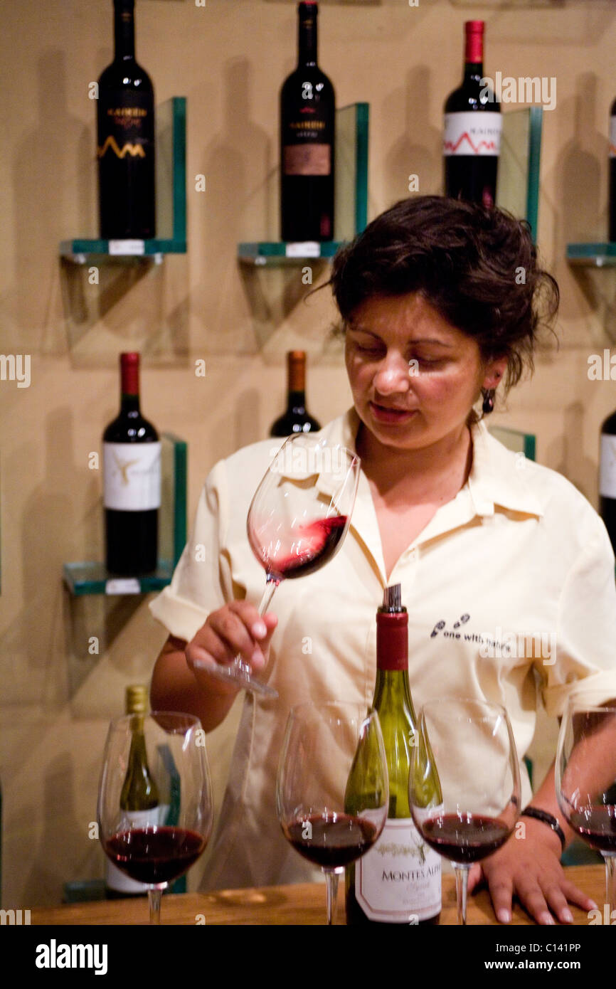 Woman tasting wine at vina Montes winery, Colchagua valley, Chile Stock ...