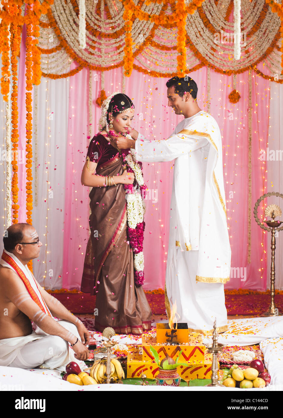Bride and bridegroom during Exchanging of Garlands ceremony at South ...