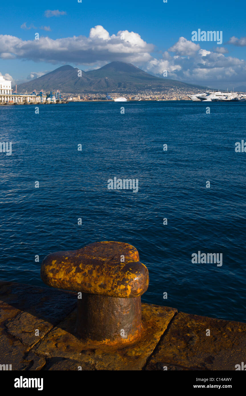 Bollard at Molo Beverello the Port of Naples with Mt Vesuvius in ...
