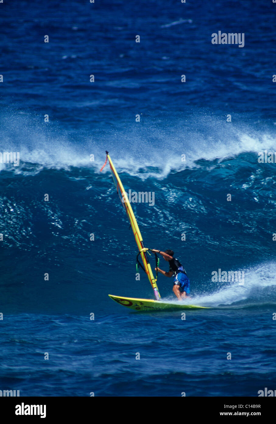 windsurfer bottom turns into the face of the wave at Maui, Hawaii, USA ...