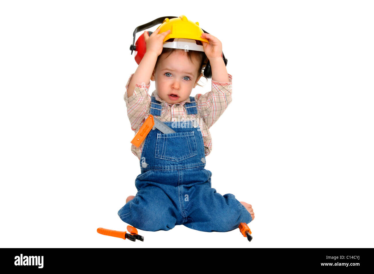 Baby worker with hat and tools isolated in white Stock Photo - Alamy