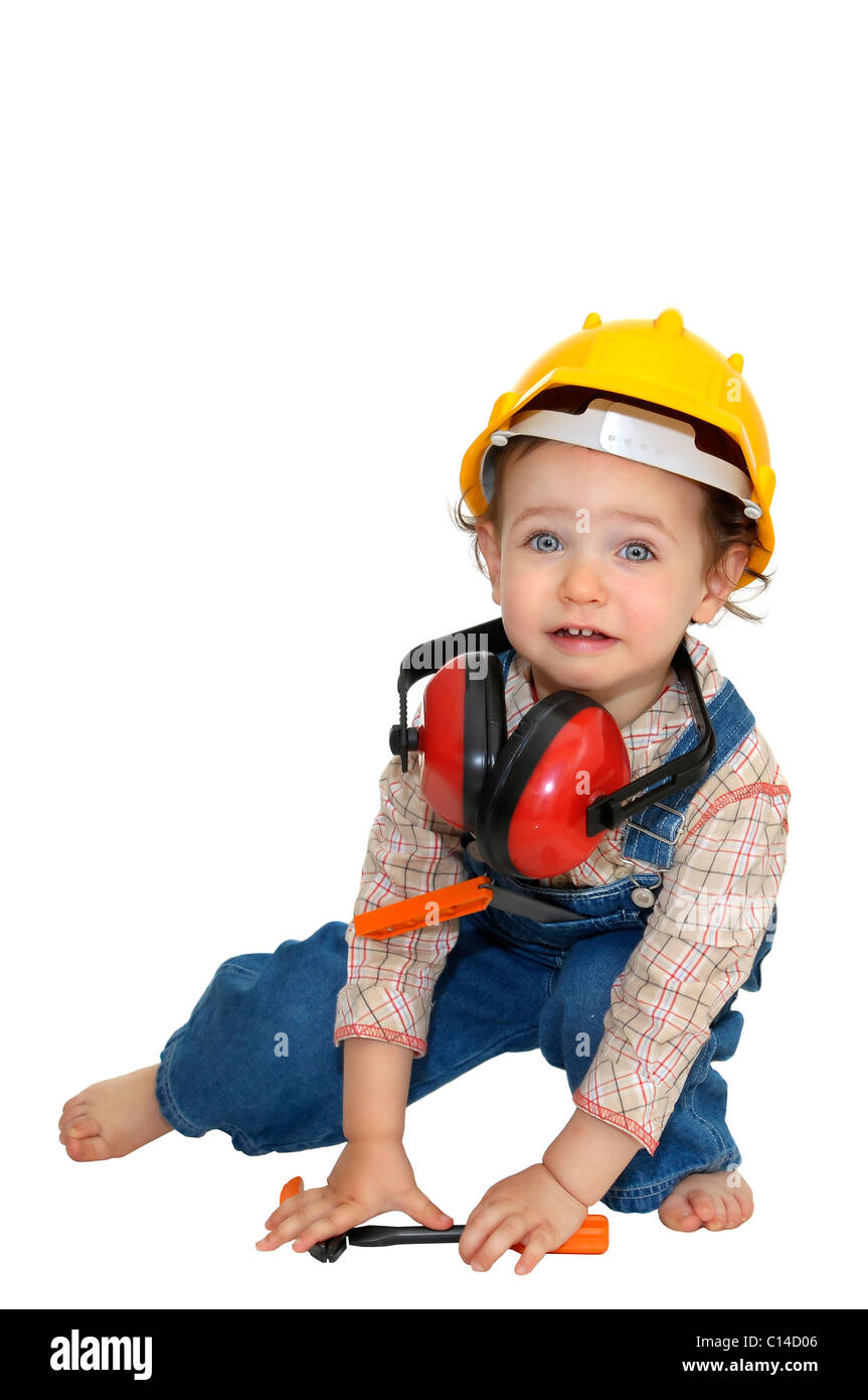 Baby worker with hat and tools isolated in white Stock Photo - Alamy