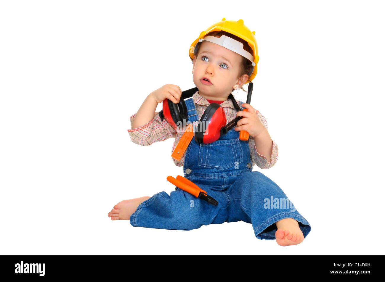 Baby worker with hat and tools isolated in white Stock Photo - Alamy