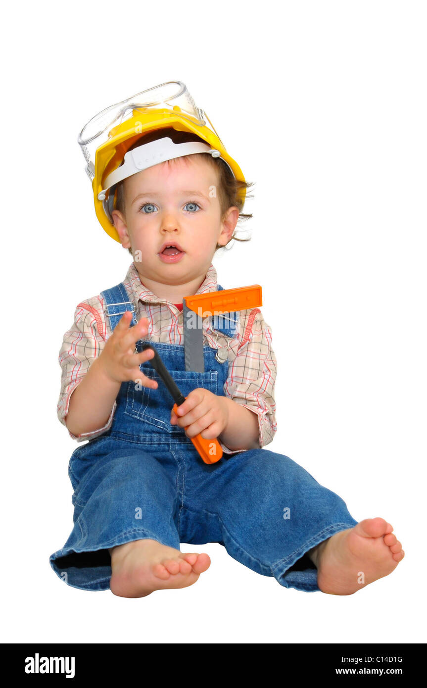 Baby worker with hat and tools isolated in white Stock Photo - Alamy